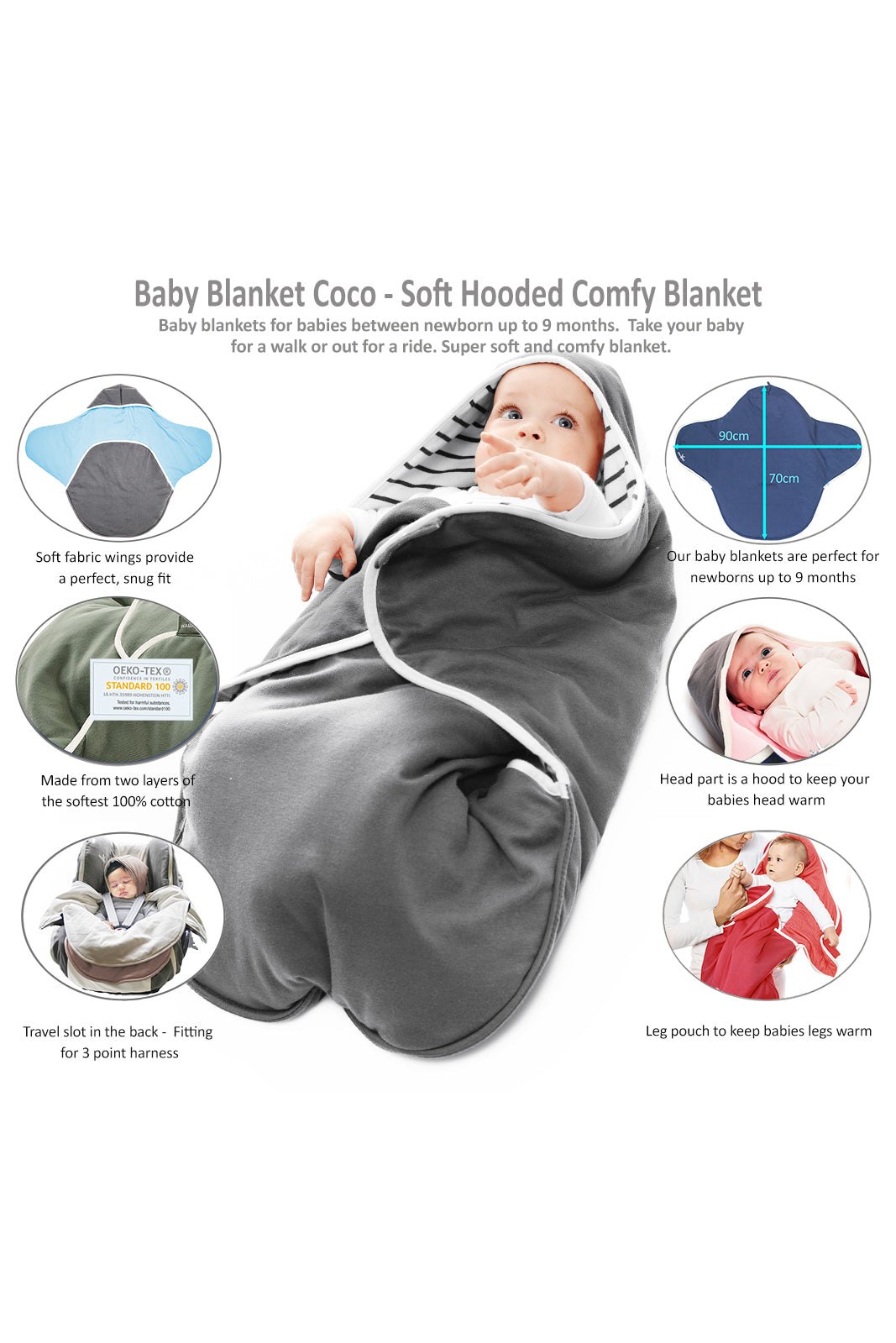 Reversible cotton baby blanket with hood in gingham print – Wallaboo
